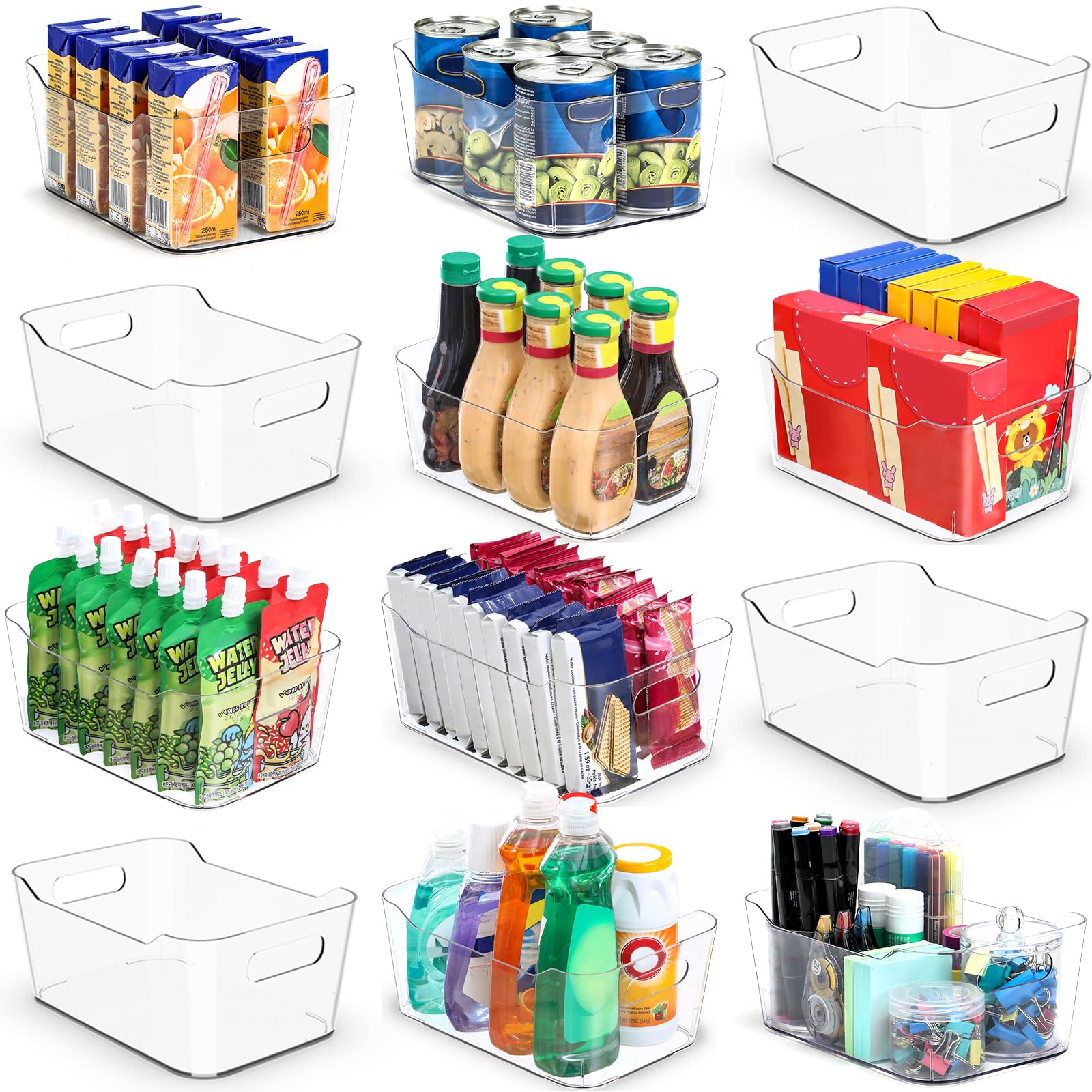 [ 12 Pack ] Multi-Use Clear Bins for Organizing - Fridge, Refrigerator Organizer Bins - Pantry Organization and Storage - Plastic Containers for Home, Kitchen, Freezer, SOHO Collection, Canbinet, RV