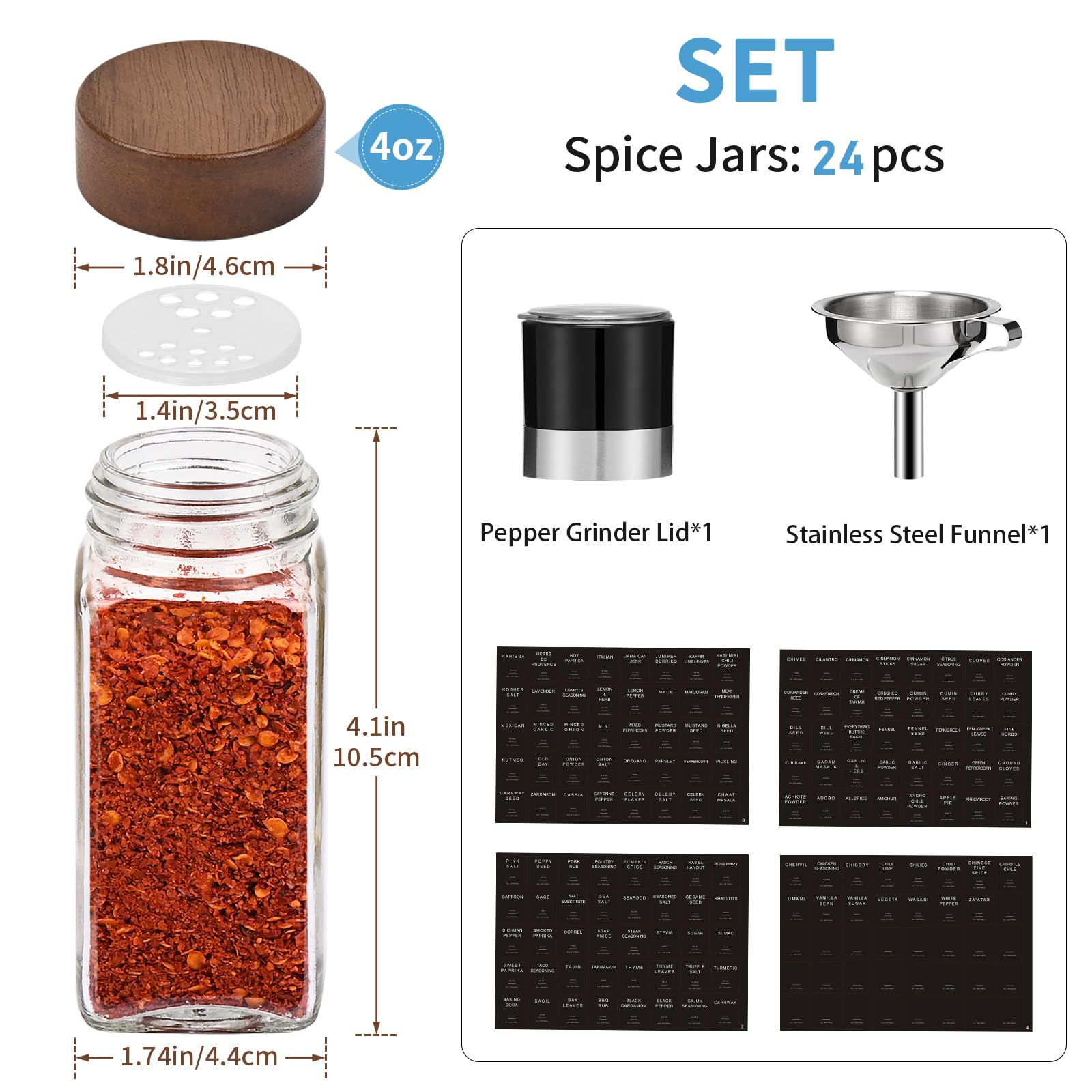 Yangbaga 24Pcs Glass Spice Jars with Labels,4oz Empty Square Spice Bottles with acacia wood lid & Shaker Lids and Silicone Collapsible Funnel Included