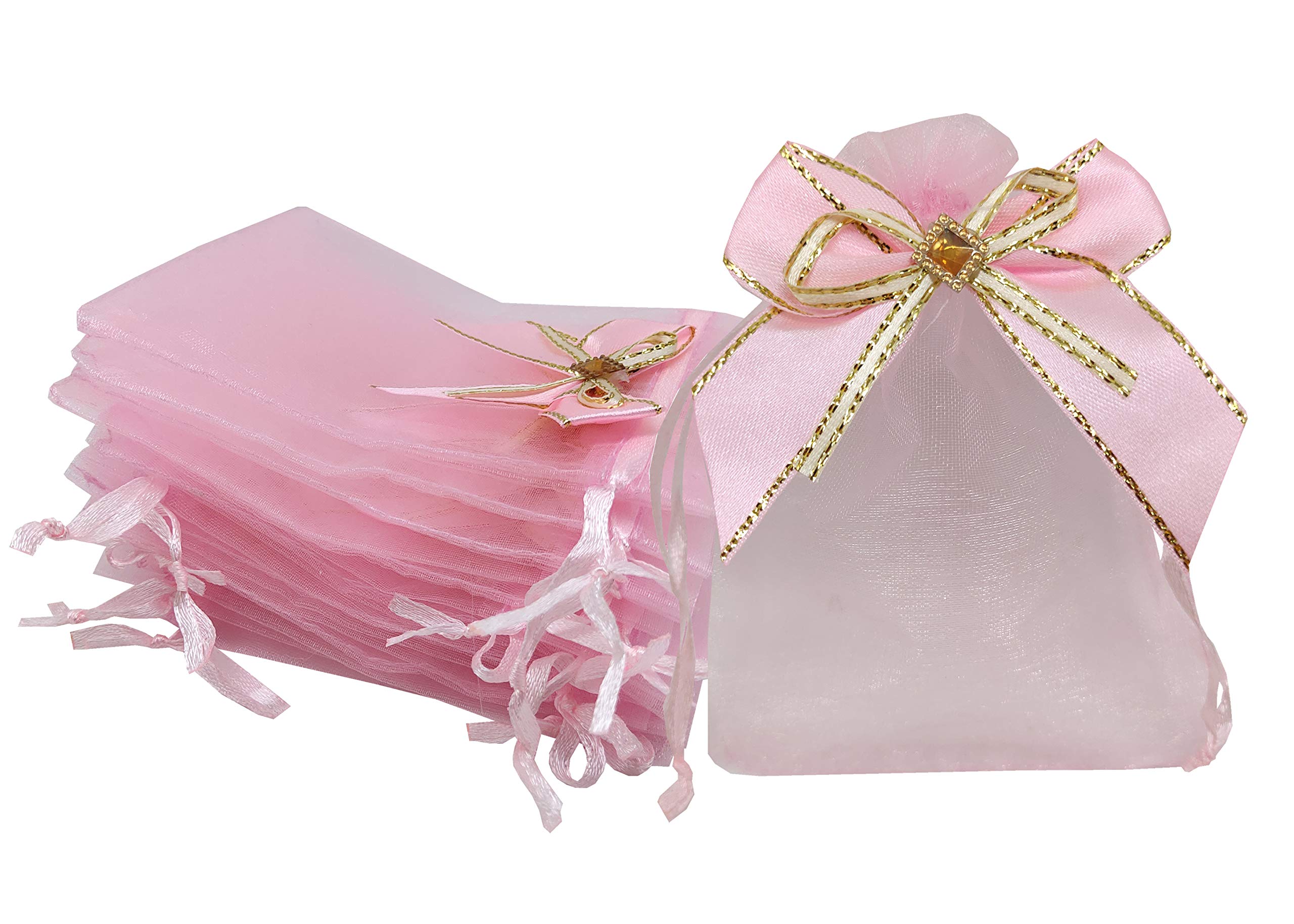 Sanrich 50pcs Sheer Organza Bags 3.9x4.7 Inches Jewelry Bags Candy Rose Drawstring Pouches Wedding Favor Gift Bags Business Display Sachets (Pink)
