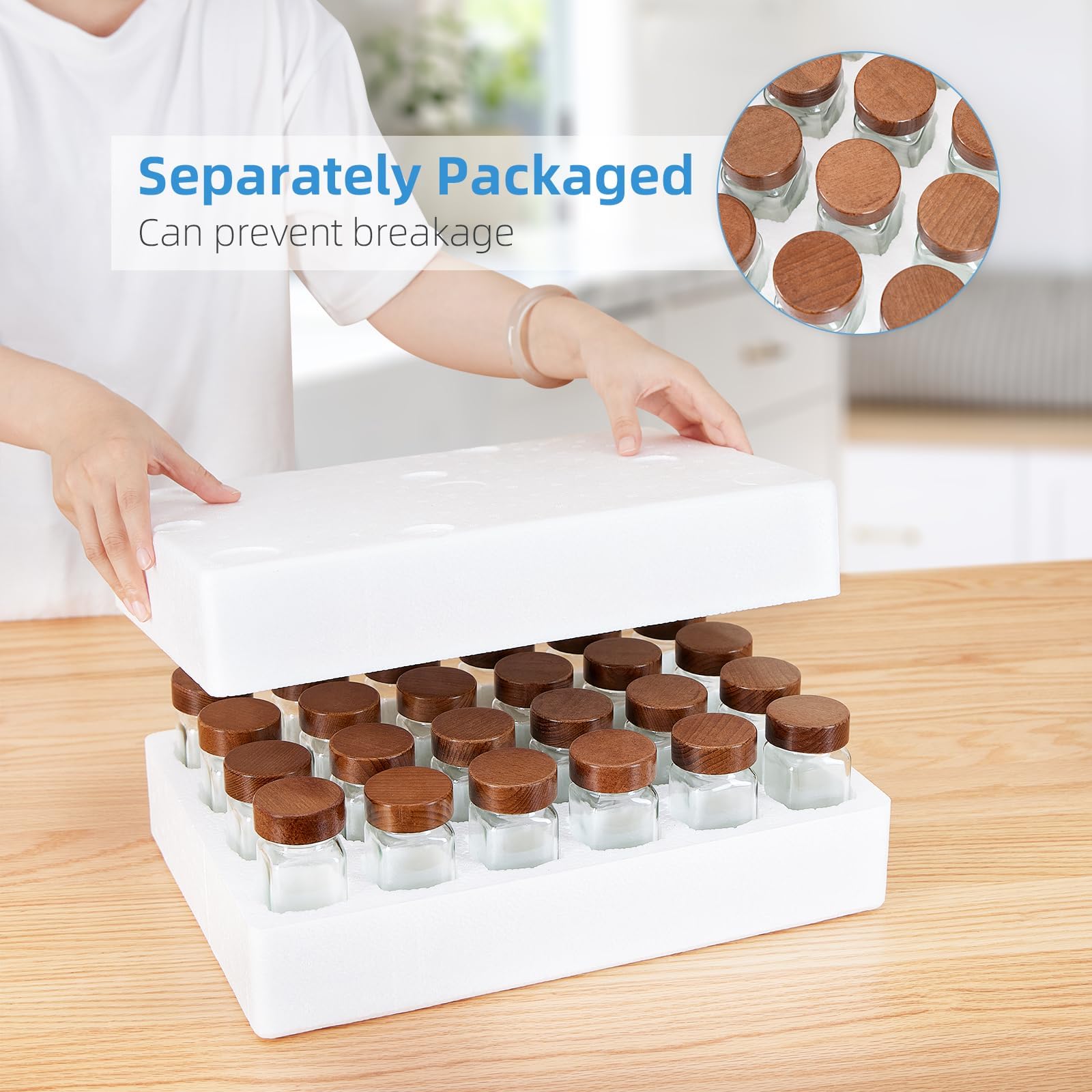 Yangbaga 24Pcs Glass Spice Jars with Labels,4oz Empty Square Spice Bottles with acacia wood lid & Shaker Lids and Silicone Collapsible Funnel Included