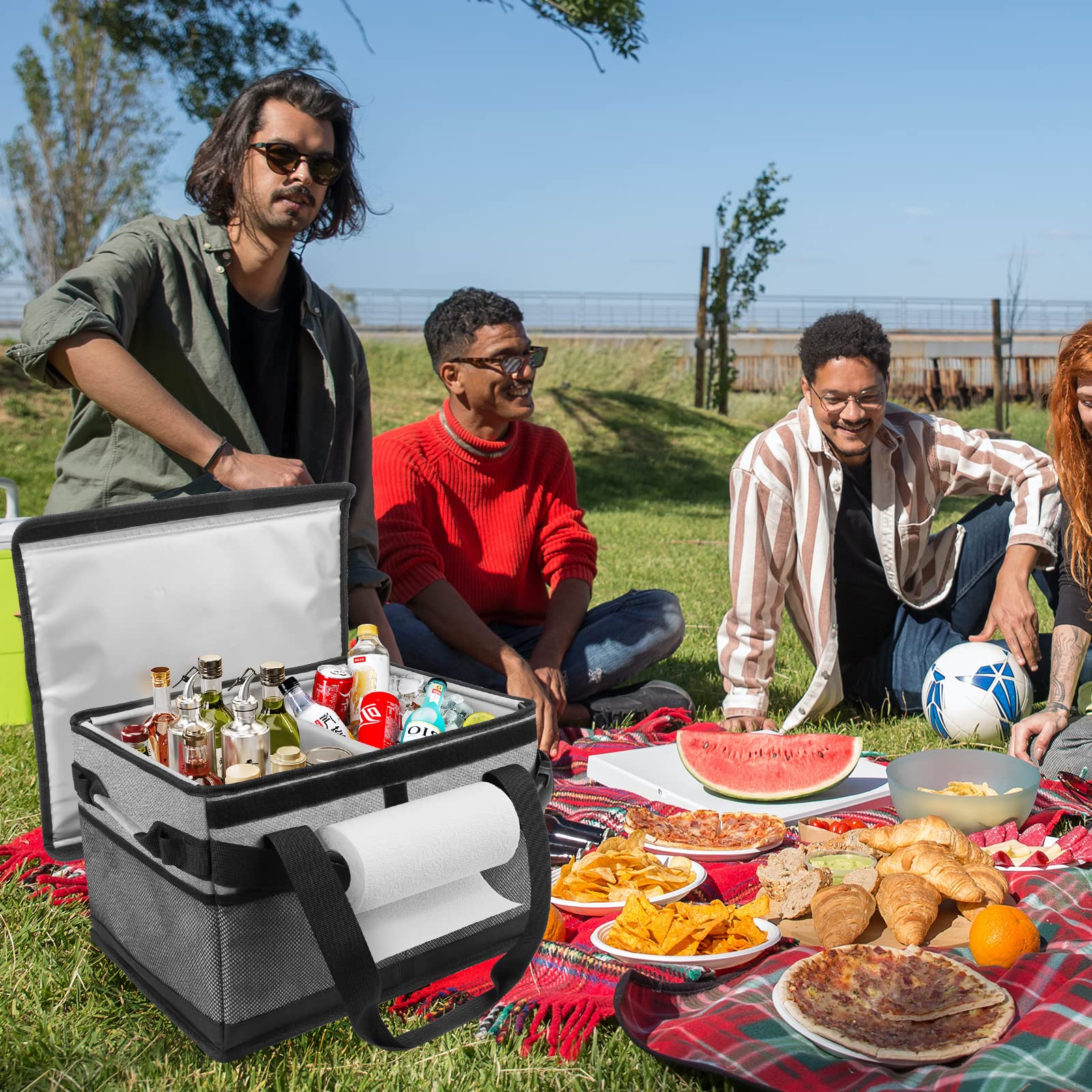 Feestars Large Grill Caddy with Lid and Paper Towel Holder for Picnic, Collapsible& Insulated BBQ Accessory Organizer, Easy Carry Griddle Caddy for Picnic/Barbecue Utensil/Camping/Tailgating