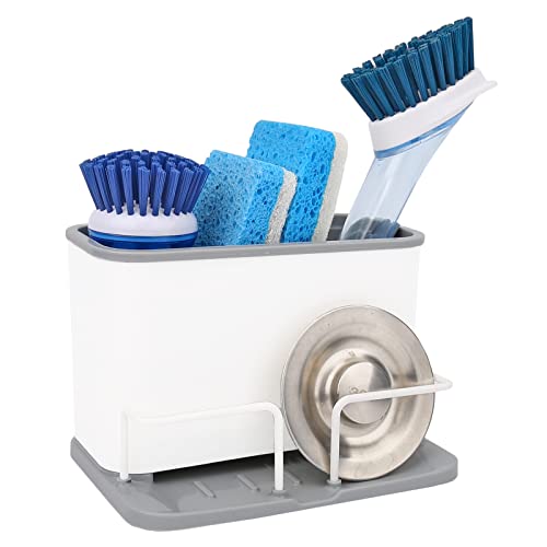KeFanta Sink Counter Caddy, Plastic Dish Sponge Holder, Kitchen Brush and Scrubber Organizer with Drain Tray