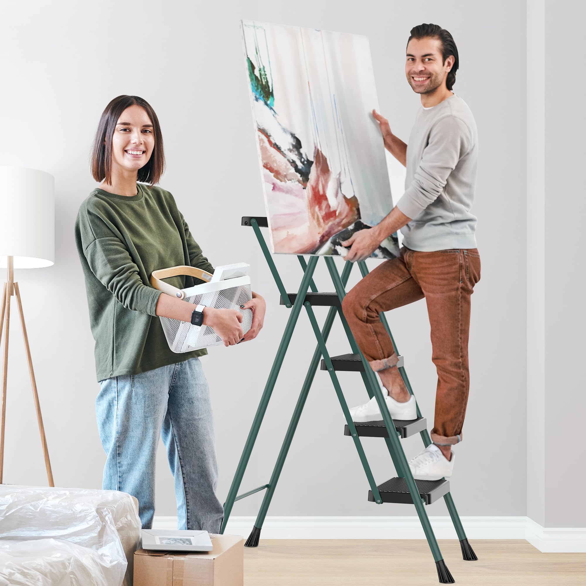 HBTower 4 Step Ladder with Handrails, Folding Step Stool Portable Steel Ladder for Adults for Home Kitchen Library Office, Green