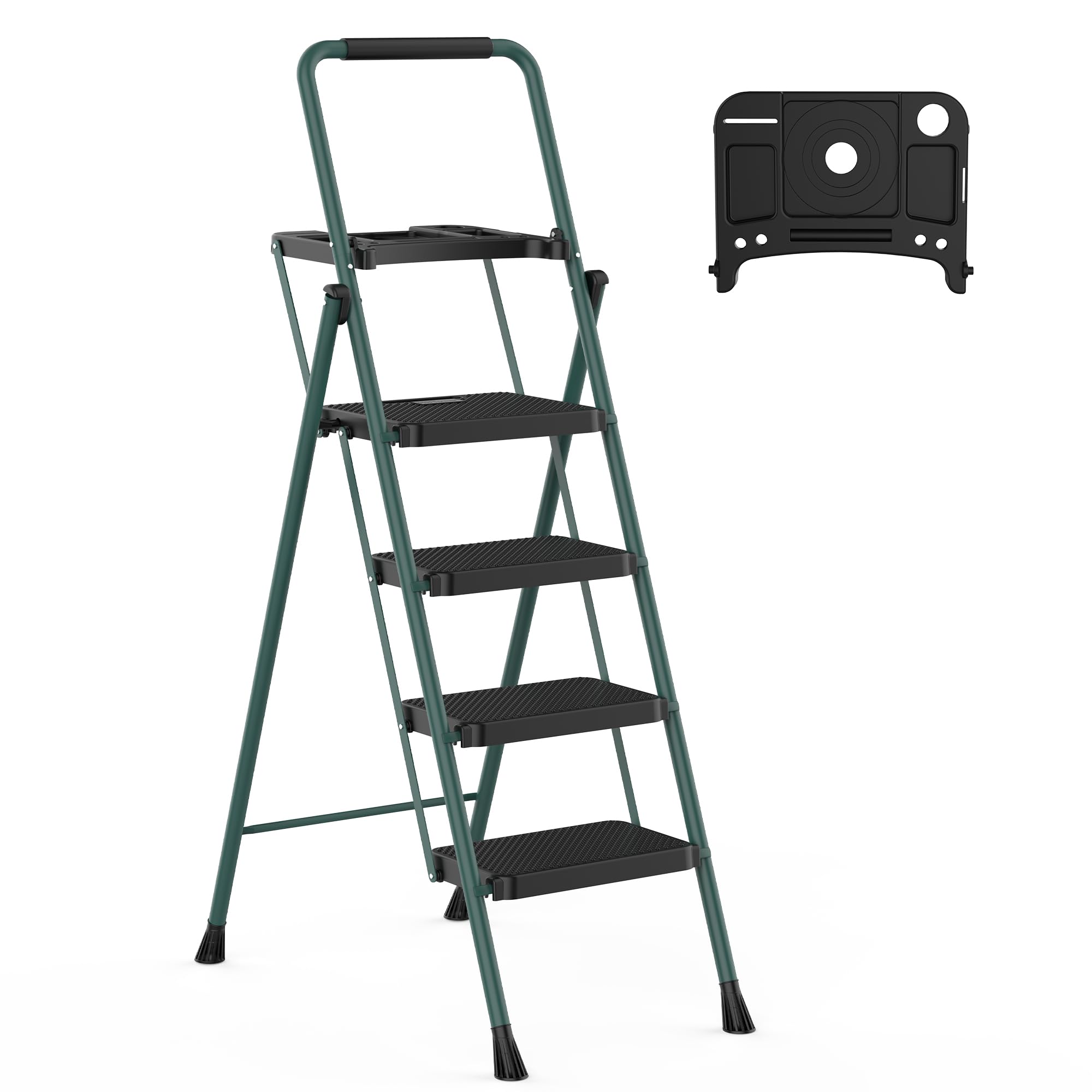 HBTower 4 Step Ladder with Handrails, Folding Step Stool Portable Steel Ladder for Adults for Home Kitchen Library Office, Green