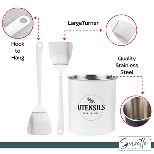 Stainless Steel Utensil Holder with 2 pc Set of Turners -White Crock Caddy for Large Utensil Holder for Kitchen Counter.
