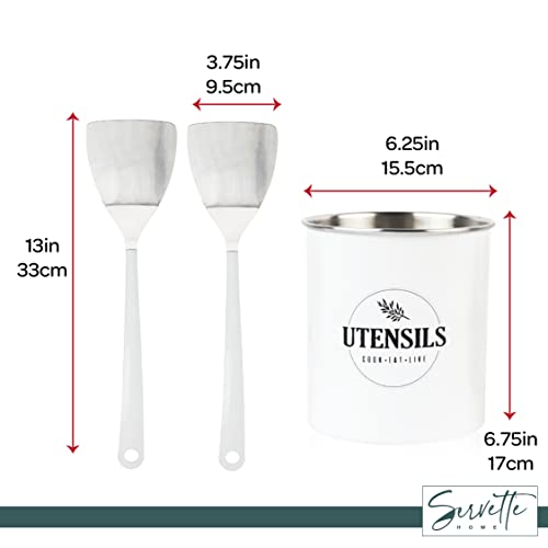 Stainless Steel Utensil Holder with 2 pc Set of Turners -White Crock Caddy for Large Utensil Holder for Kitchen Counter.