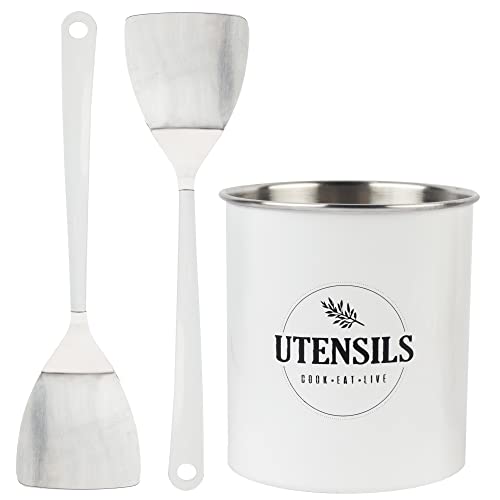 Stainless Steel Utensil Holder with 2 pc Set of Turners -White Crock Caddy for Large Utensil Holder for Kitchen Counter.