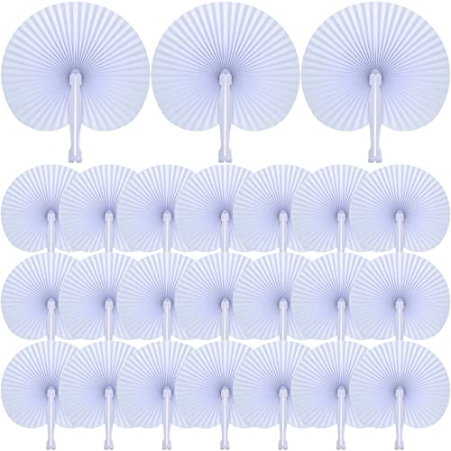 Yulejo White Paper Fans Wedding Fans Round Shaped Folding Fans Plastic Handle for Women Men Guest Wedding Celebration Birthday Party Favor (100 Packs)
