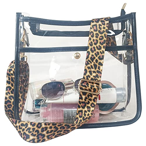 PVC Clear Purse bag Leopard Guitar Strap Clear Bag Stadium Approved Women's Clear Shoulder Crossbody Bag For concert……（Black）…