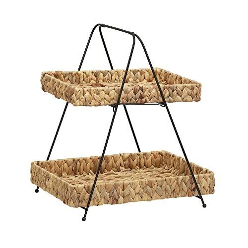 Household Essentials Water Hyacinth Geometric Tray Tower with 2 Baskets, Natural