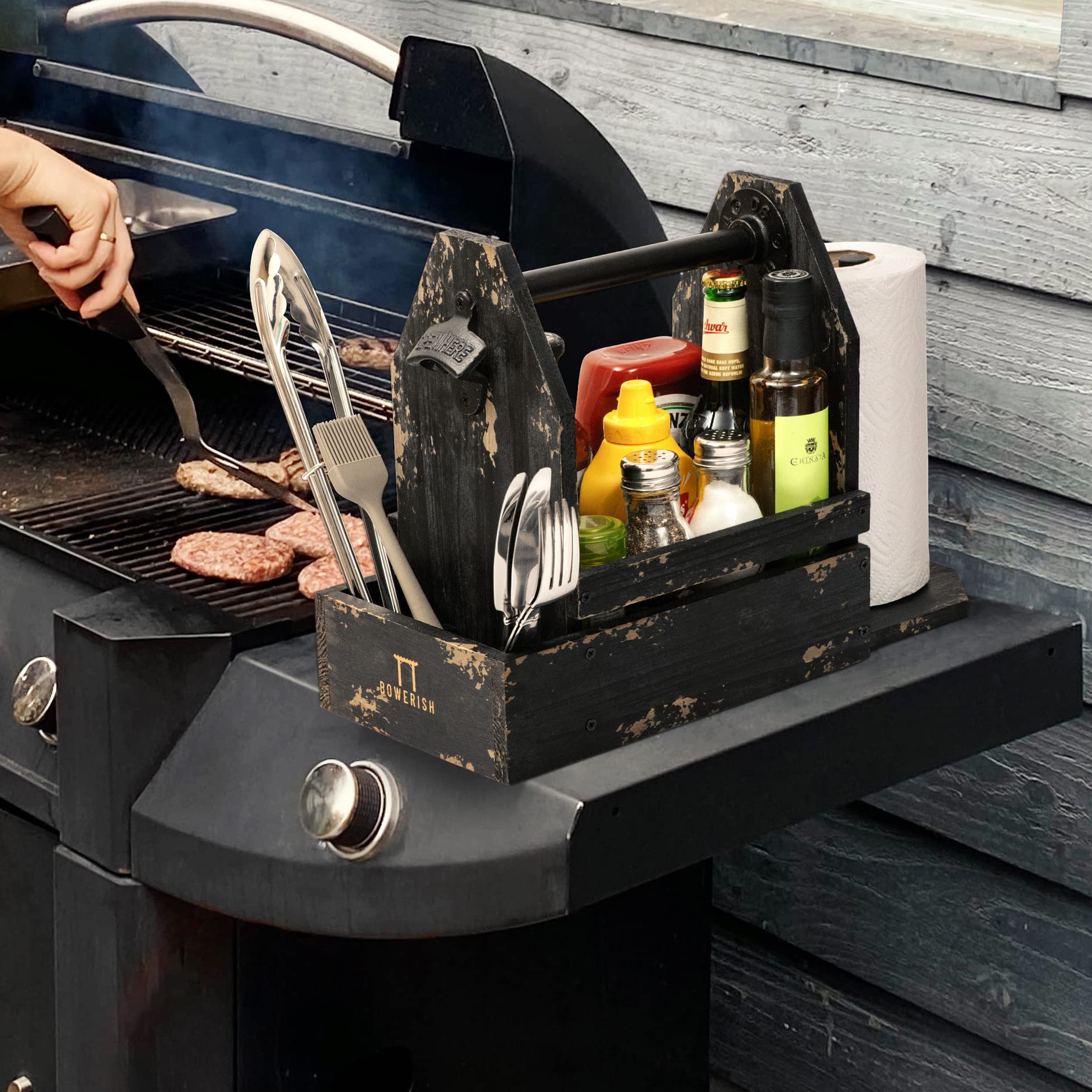 BOWERISH Distressed Wood BBQ Caddy with Paper Towel Holder and Three Utensil Holder - Ideal Organizer for Picnic Condiment and Outdoor Grill Accessories - Sturdy Iron Handle and Classic Bottle Opener