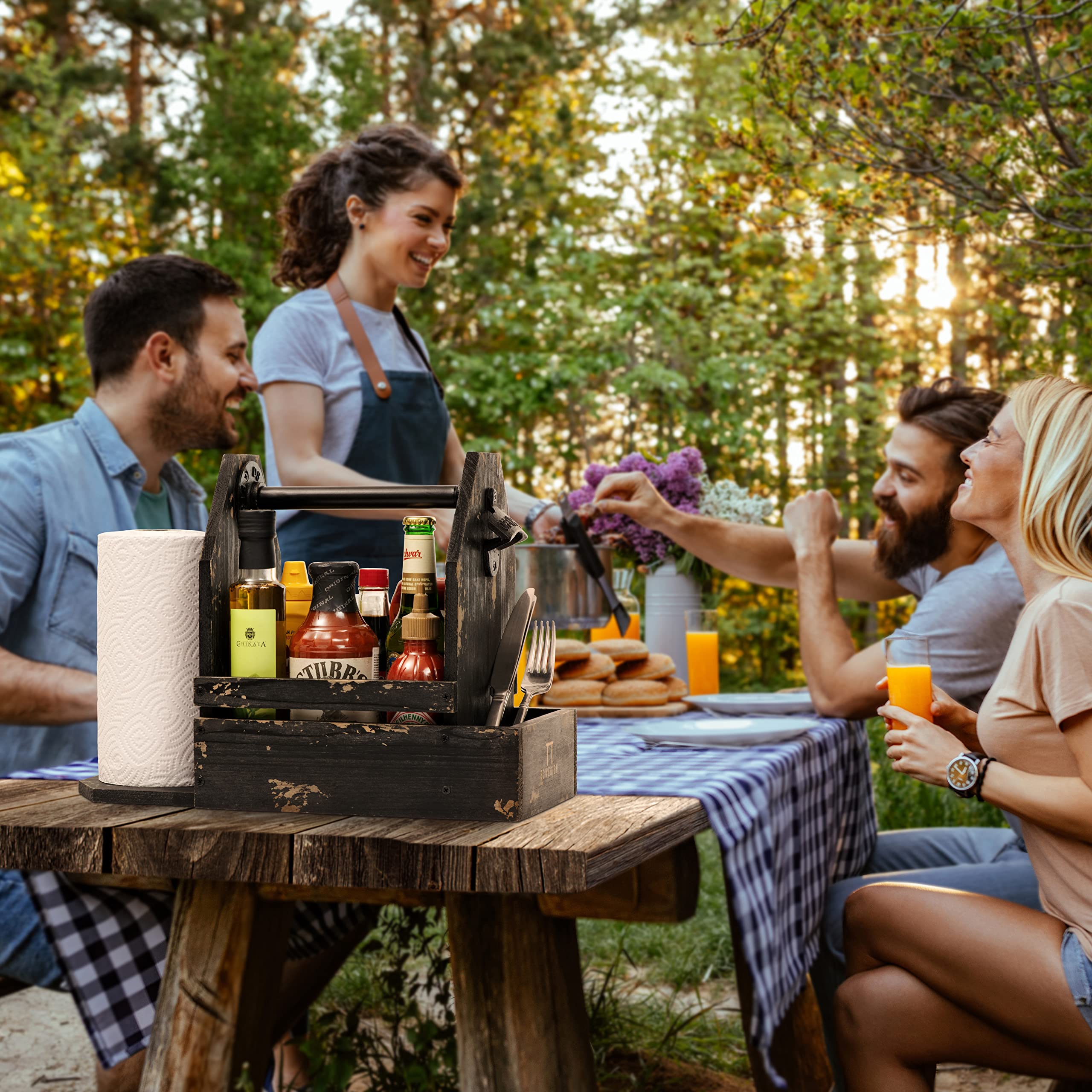 BOWERISH Distressed Wood BBQ Caddy with Paper Towel Holder and Three Utensil Holder - Ideal Organizer for Picnic Condiment and Outdoor Grill Accessories - Sturdy Iron Handle and Classic Bottle Opener