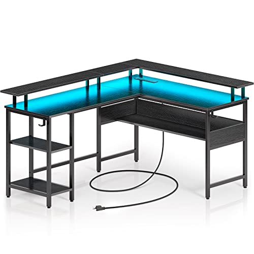 Rolanstar Computer Desk L Shaped with LED Strip & Power Outlets, Reversible L Shaped Computer Corner Desk with Monitor Stand, Home Office Gaming Desk with USB Port&Hook, Black