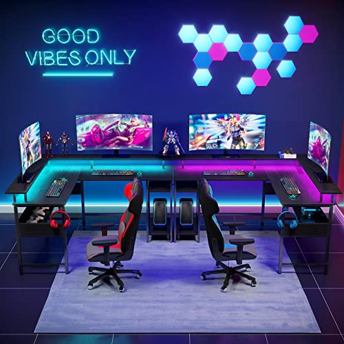 Rolanstar Computer Desk L Shaped with LED Strip & Power Outlets, Reversible L Shaped Computer Corner Desk with Monitor Stand, Home Office Gaming Desk with USB Port&Hook, Black