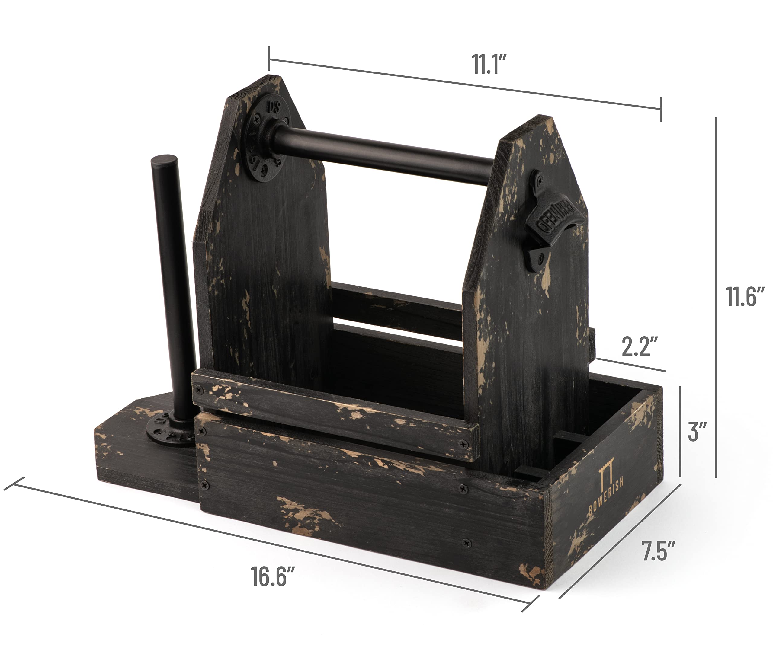 BOWERISH Distressed Wood BBQ Caddy with Paper Towel Holder and Three Utensil Holder - Ideal Organizer for Picnic Condiment and Outdoor Grill Accessories - Sturdy Iron Handle and Classic Bottle Opener