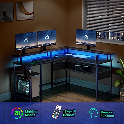 Rolanstar Computer Desk L Shaped with LED Strip & Power Outlets, Reversible L Shaped Computer Corner Desk with Monitor Stand, Home Office Gaming Desk with USB Port&Hook, Black