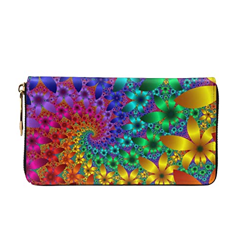 Tie Dye Rainbow Spirals Leather Long Wallet Card Holder Organizer Zipper Wristlet Clutch Bag For Men Women, One Size