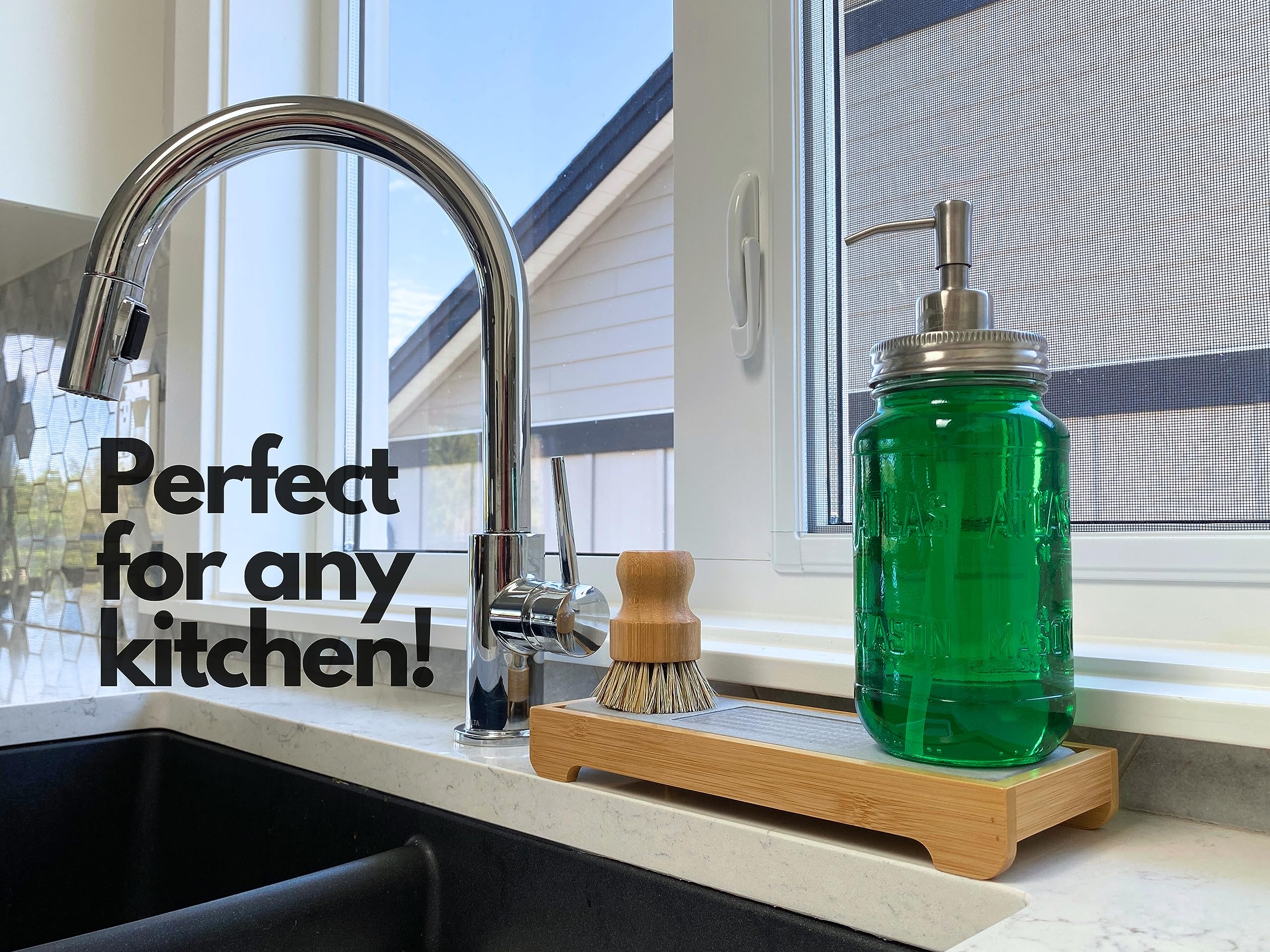 Zenera Instant Dry Sink Caddy Organizer - Fast Drying Stone Sink Caddy - Water Absorbing Stone - Bamboo Brush Included