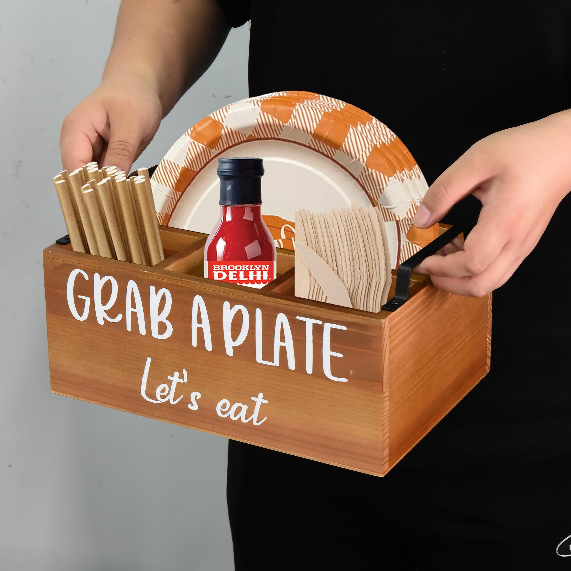 MEMOORIAL Paper Plate Dispenser, Kitchen Countertop Paper Plate Holder, Wood Rustic Silverware Utensil Caddy, Disposable Dish and Cup Holder Utensil Caddy for Kitchen, Party, BBQ
