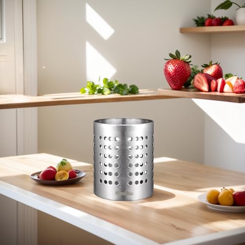 KSENDALO Round SUS304 Stainless Steel Utensil Holder Set of 2 - Silver Caddy & Organizer for Drying Cooking Spoons, Spatulas, and Silverware - Essential Kitchen Container for Countertop