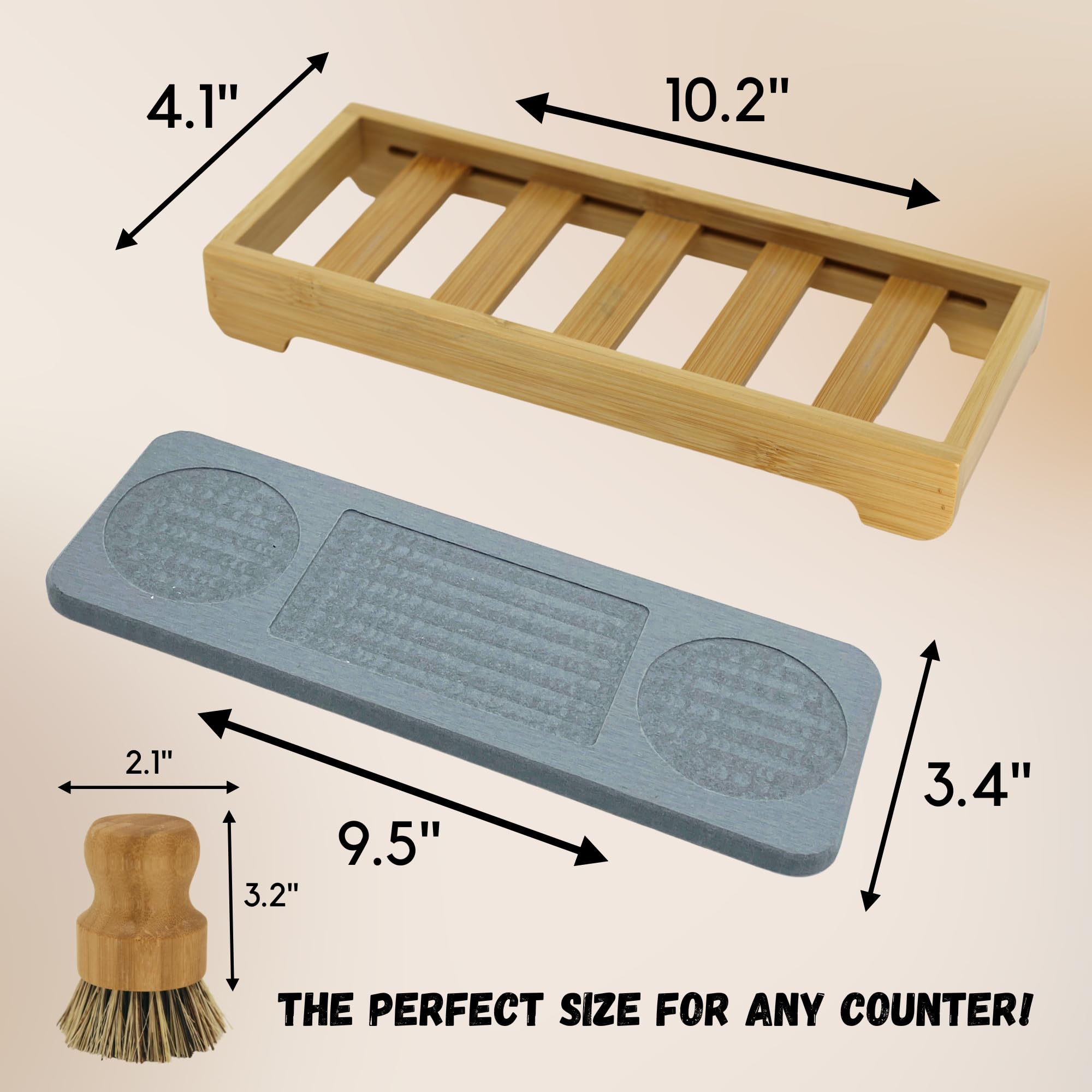 Zenera Instant Dry Sink Caddy Organizer - Fast Drying Stone Sink Caddy - Water Absorbing Stone - Bamboo Brush Included