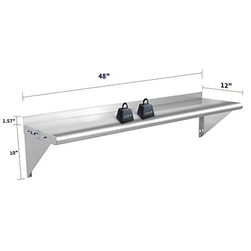 BIEAMA 2PCS 12"×48" Stainless Steel Wall Shelf, NSF, Commercial Wall Mount Floating Shelving for Restaurant, Kitchen and Hotel