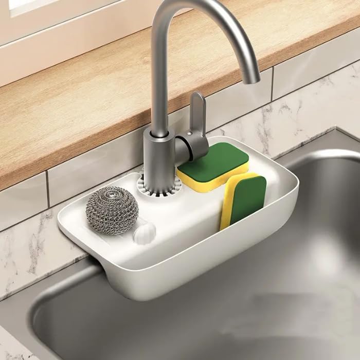 Multi-Purpose Sink Caddy, Sponge and Utensil Holder. Sink Organizer & Dish drain, Kitchen, Bathroom, RV, Silicone Soap Tray and Drain Rack, Faucet Splash Mat & Basket (Sea Foam Green)