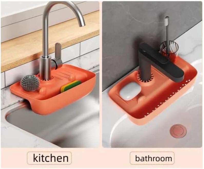 Multi-Purpose Sink Caddy, Sponge and Utensil Holder. Sink Organizer & Dish drain, Kitchen, Bathroom, RV, Silicone Soap Tray and Drain Rack, Faucet Splash Mat & Basket (Sea Foam Green)