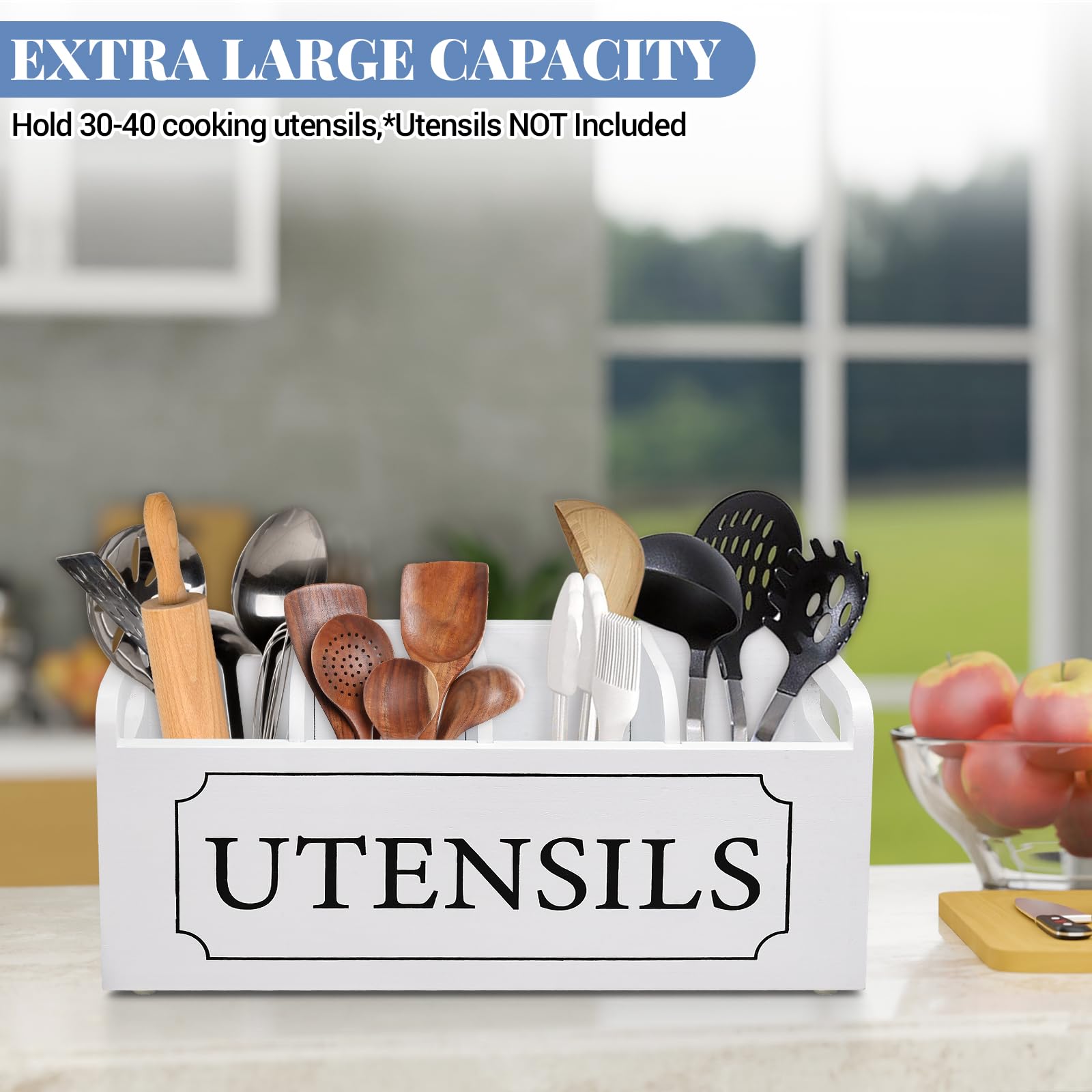 Anwelynd Large 4 Compartments Kitchen Utensil Holder for Countertop, Farmhouse Wood Utensil Caddy Utensil Crock, Rustic Utensil Organizer for Kitchen Counter Cooking Tools Storage Holder