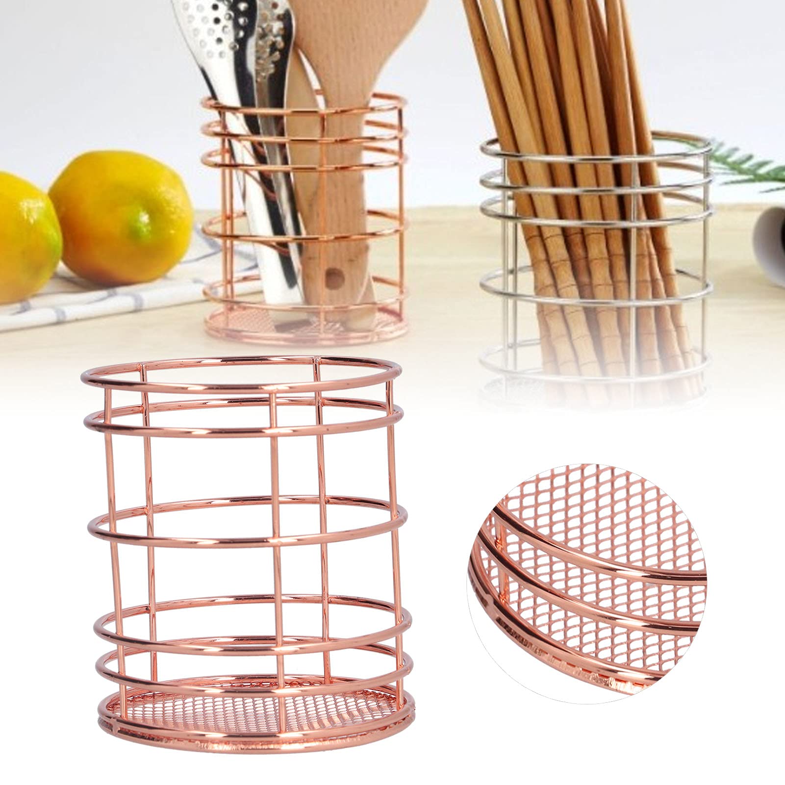 BORDSTRACT Small Wire Utensil Holder, 11x9x9cm Metal Round Pen Holder, Make Up Brush Holder Desk Cutlery Chopsticks Organizer for Kitchen Counter Home Office(Rose Gold)