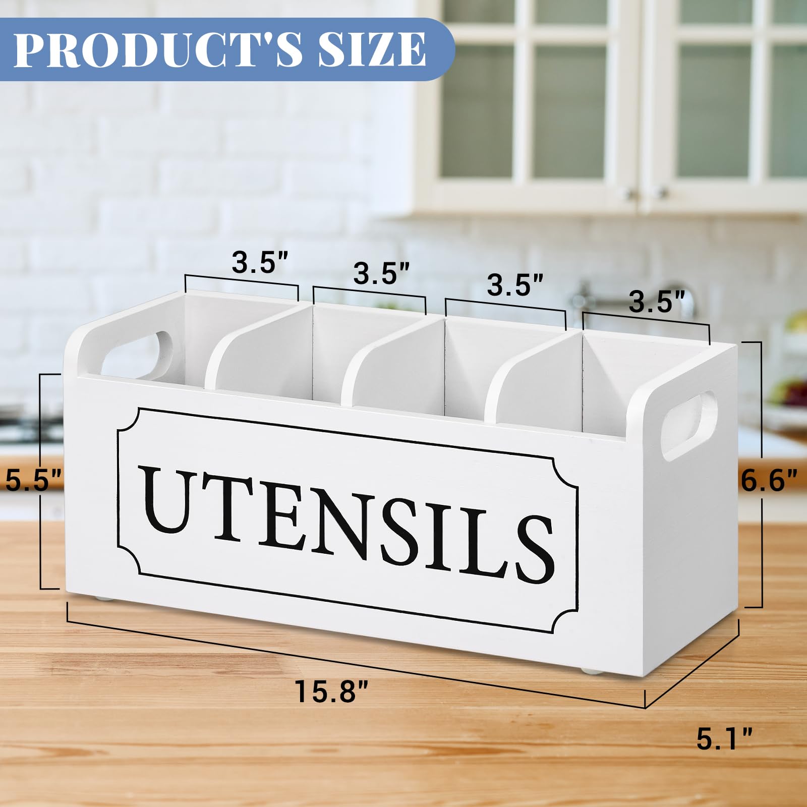 Anwelynd Large 4 Compartments Kitchen Utensil Holder for Countertop, Farmhouse Wood Utensil Caddy Utensil Crock, Rustic Utensil Organizer for Kitchen Counter Cooking Tools Storage Holder