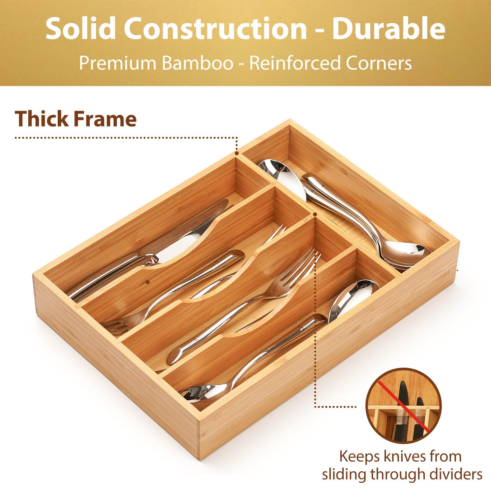 Umilife Bamboo Kitchen Drawer Organizer, 11 Inch Silverware Utensils Tray Holder with Grooved Dividers, 2.4" High Wood Caddy for Flatware Cutlery Knives