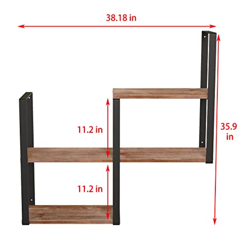 Industrial Shelves,3 Tier Brown Solid Wood Wall Mounted Tall Bookshelf,Open Shelf with Stable Black Metal Frame,Rustic Floating Storage Rack Suitable for Bedroom,Study,bar.ZHOYUEXIN