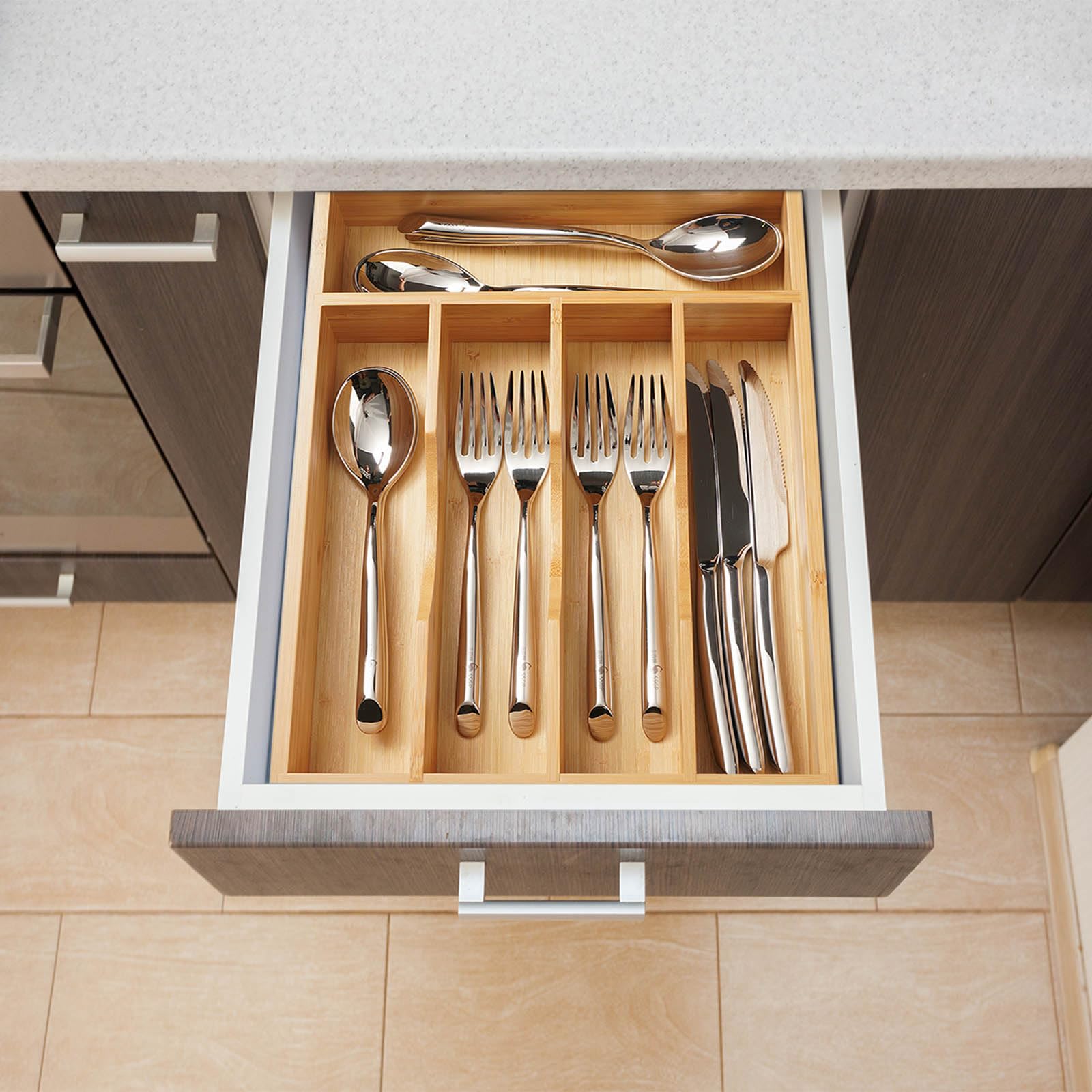Umilife Bamboo Kitchen Drawer Organizer, 11 Inch Silverware Utensils Tray Holder with Grooved Dividers, 2.4" High Wood Caddy for Flatware Cutlery Knives