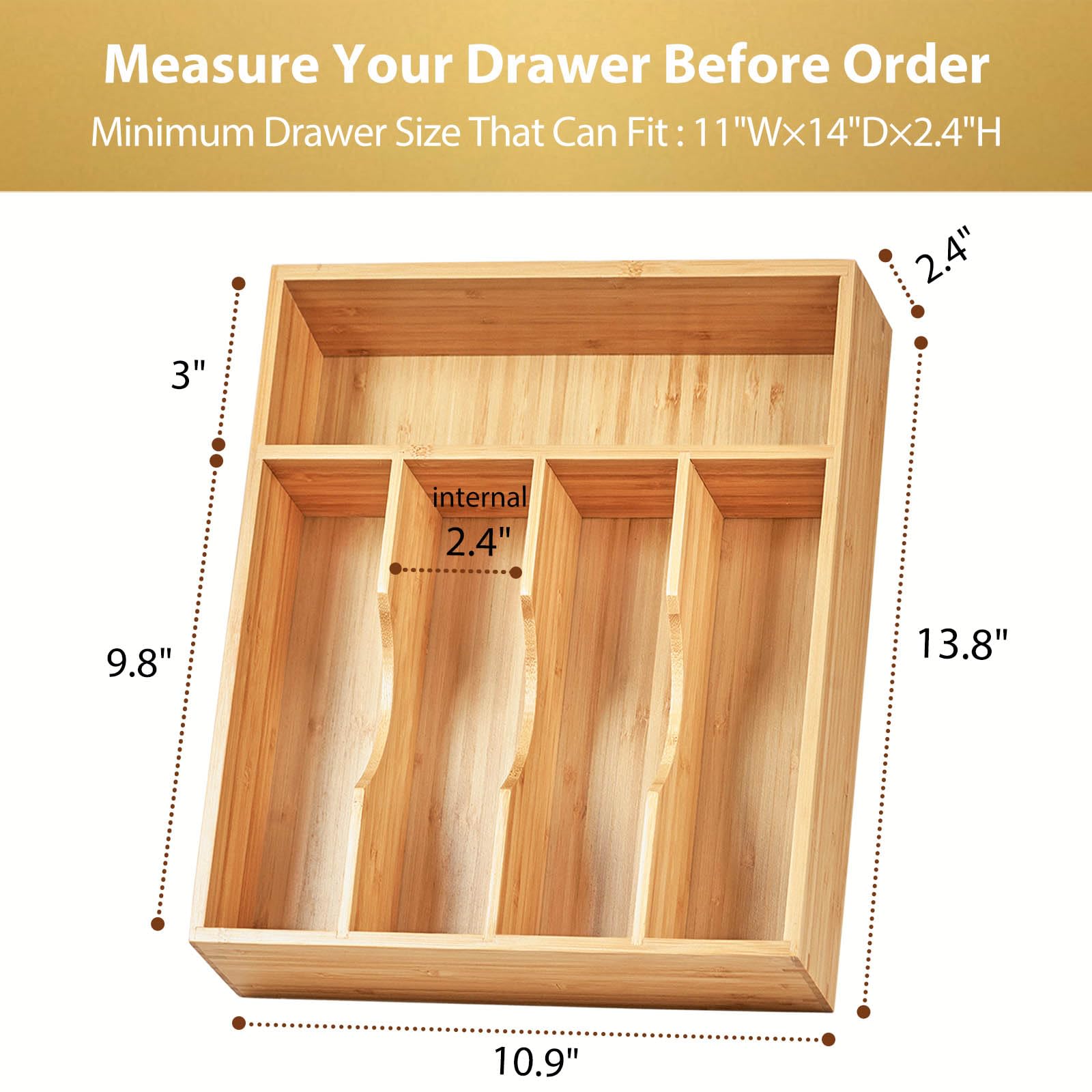 Umilife Bamboo Kitchen Drawer Organizer, 11 Inch Silverware Utensils Tray Holder with Grooved Dividers, 2.4" High Wood Caddy for Flatware Cutlery Knives