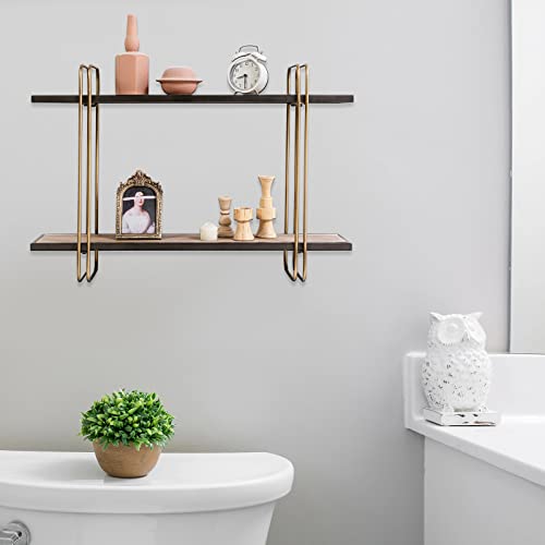 Oakrain Floating Shelves Wood, 32" Industrial Wall Shelves with Metal Frame for Bedroom, Living Room, Bathroom, Kitchen, Bar, Gold