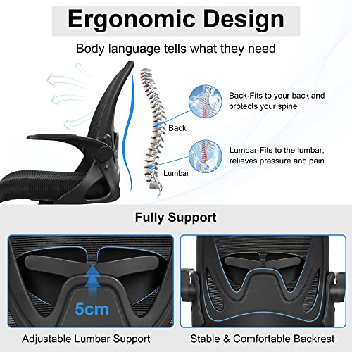 Primy Office Chair Ergonomic Desk Chair with Adjustable Lumbar Support and Height, Swivel Breathable Desk Mesh Computer Chair with Flip up Armrests for Conference Room (Black)