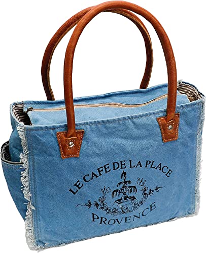 NATURALS EXPORT OAG Upcycle Canvas Bag, Handmade Canvas Bag With Leather, Canvas Tote Bag, Canvas Shoulder Bag, Canvas Handbag for Women, Blue