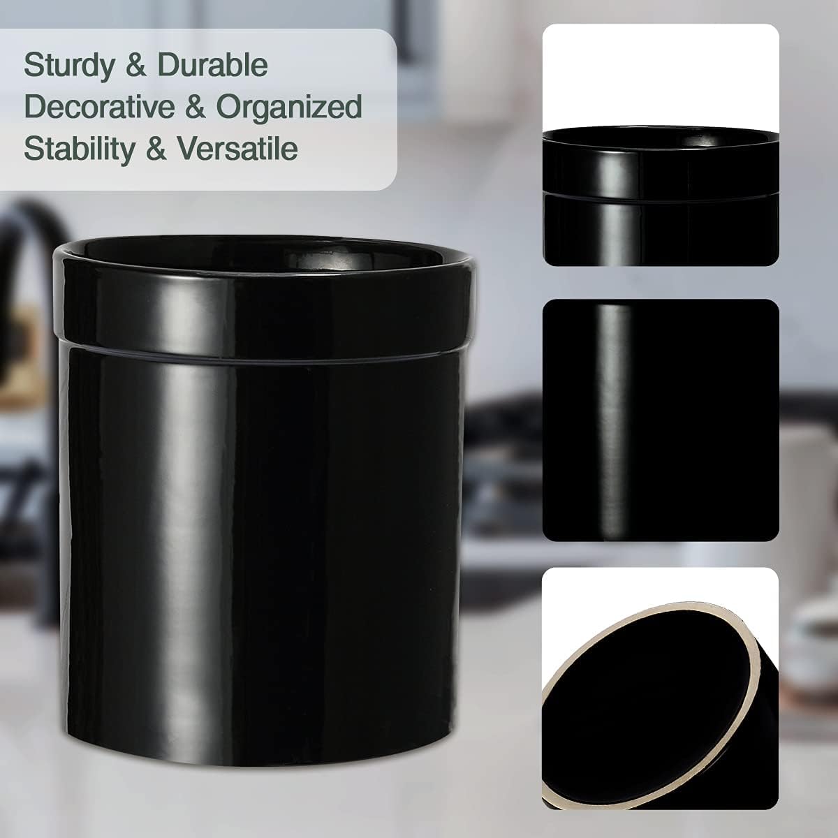 MEIGUI Ceramic Kitchen Utensil Holder, Utensil Crock Large Utensils Holder for Kitchen Decor, Cooking Tool Utensils Caddy for Countertop, Pure Black