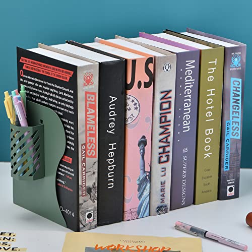 Shoccolt Adjustable Bookends Book Holders for 3 Compartments Heavy Duty Metal Steel Book Stand Desktop Organizer Expandable Bookshelf with Pen Holder for Home Office School Library (Green)