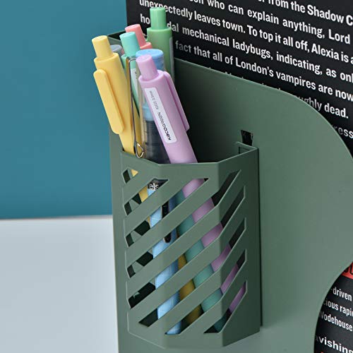 Shoccolt Adjustable Bookends Book Holders for 3 Compartments Heavy Duty Metal Steel Book Stand Desktop Organizer Expandable Bookshelf with Pen Holder for Home Office School Library (Green)