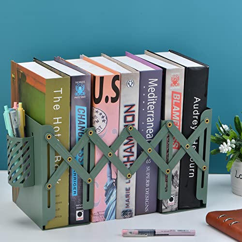 Shoccolt Adjustable Bookends Book Holders for 3 Compartments Heavy Duty Metal Steel Book Stand Desktop Organizer Expandable Bookshelf with Pen Holder for Home Office School Library (Green)