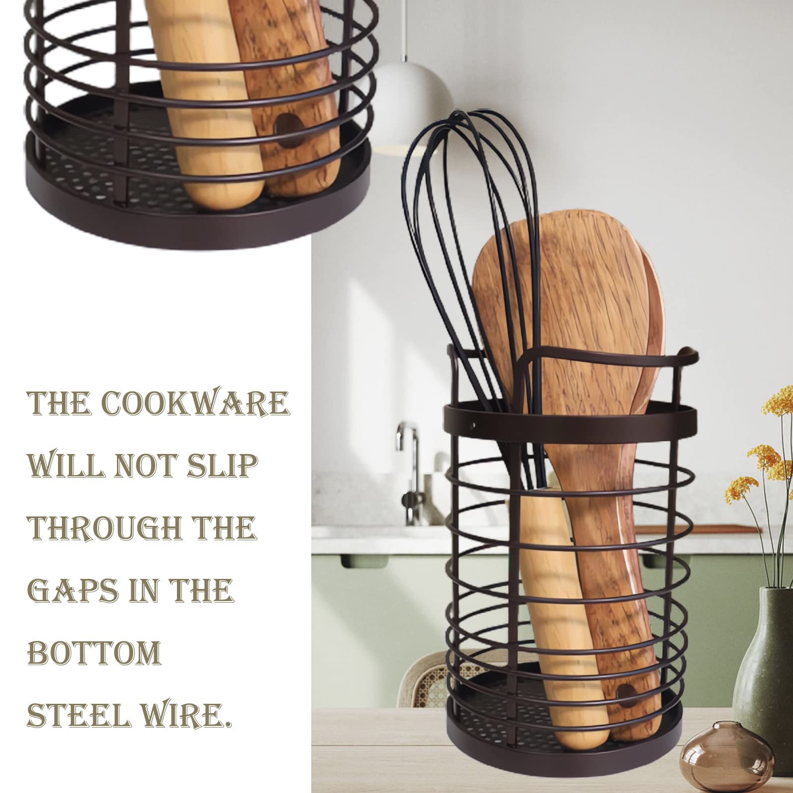 NONAKO Utensil holder for Kitchen Counter - Round kitchen utensil holder for countertop (H6.1” x W3.9”), Utensil Caddy Rustic Cooking Utensil Crock for Kitchen Decor