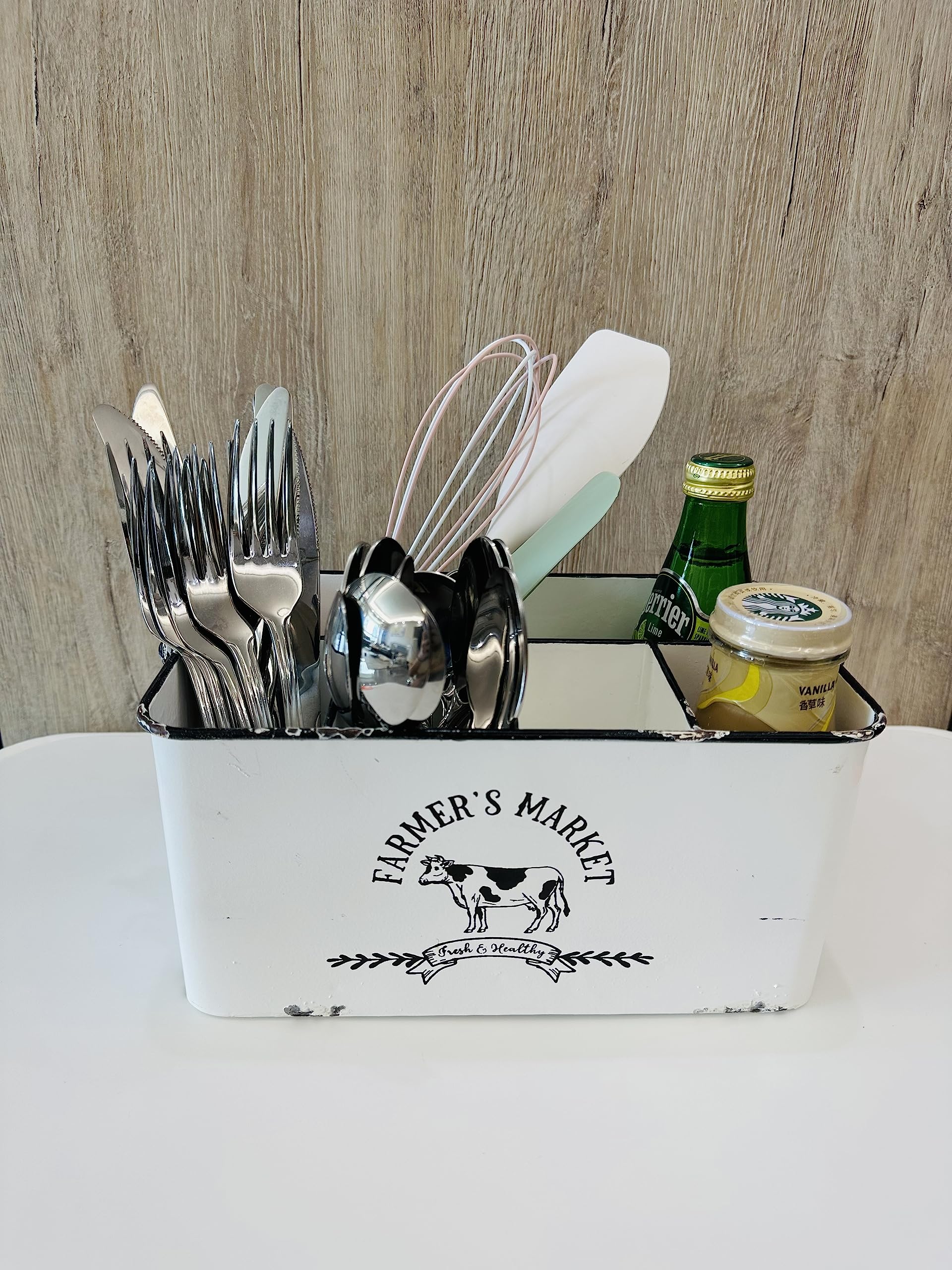 Distressed White, Portable Versatile Metal Storage Caddy Organizer with 6 Compartments & Handle - Perfect for Organizing Kitchen Utensils, Office Supplies, Bathroom Essentials & Bedroom Knick-Knacks