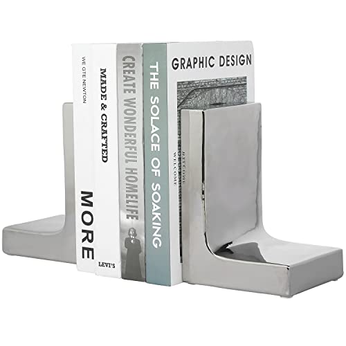 MyGift Metallic Silver Ceramic L-Shape Decorative Bookends Unique Modern Office Desk Book Stand, 1-Pair