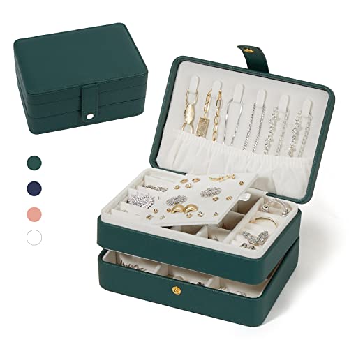 BUTI4WLD Travel Jewelry Organizer, PU Leather Small Jewelry Organizer for Women Girls, 2 Layers Portable Travel Jewelry Case for Stud Earrings, Rings, Necklaces, Bracelets (Green+Small)