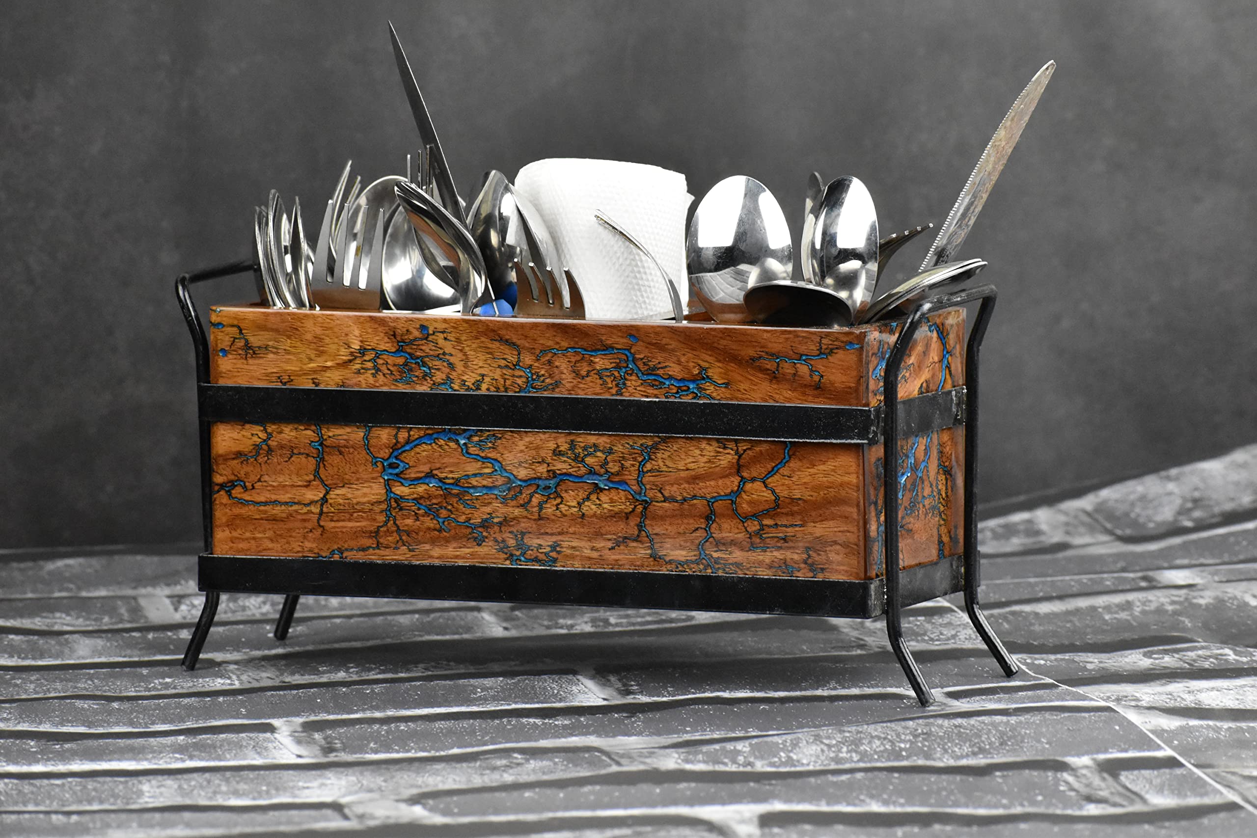 Utensil Caddy Silverware Cutlery Holder with 3 Compartment, Wooden Utensil Crock Flatware Organizers with Iron Stand, Rustic Kitchen Utensil Organizers for Farmhouse Kitchen and Countertop