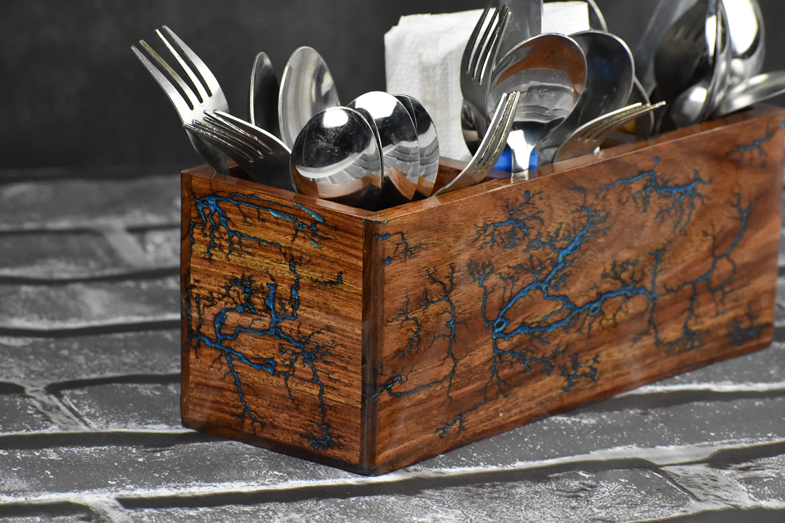 Utensil Caddy Silverware Cutlery Holder with 3 Compartment, Wooden Utensil Crock Flatware Organizers with Iron Stand, Rustic Kitchen Utensil Organizers for Farmhouse Kitchen and Countertop