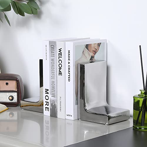 MyGift Metallic Silver Ceramic L-Shape Decorative Bookends Unique Modern Office Desk Book Stand, 1-Pair