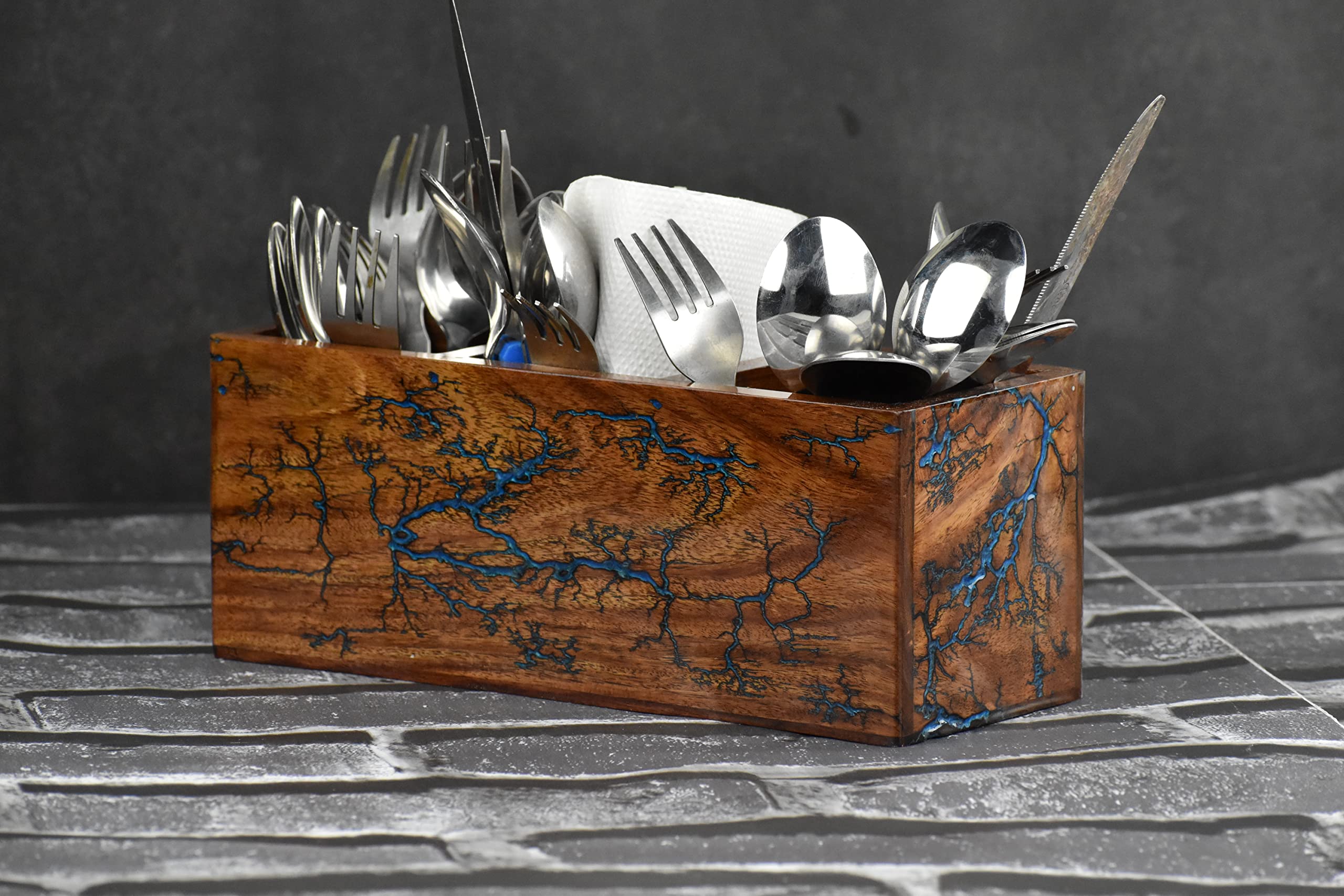 Utensil Caddy Silverware Cutlery Holder with 3 Compartment, Wooden Utensil Crock Flatware Organizers with Iron Stand, Rustic Kitchen Utensil Organizers for Farmhouse Kitchen and Countertop
